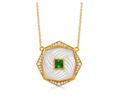 18k Yellow Gold Diamond Necklace w/ Carved White Mother of Pearl & Tsa ...